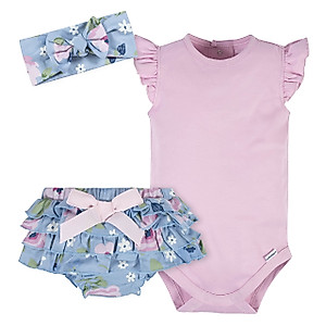 Gerber Baby Girls 3-Piece Short Sleeve Onesies, Diaper Cover & Headband Set, Blue Rose, 0-3 Months