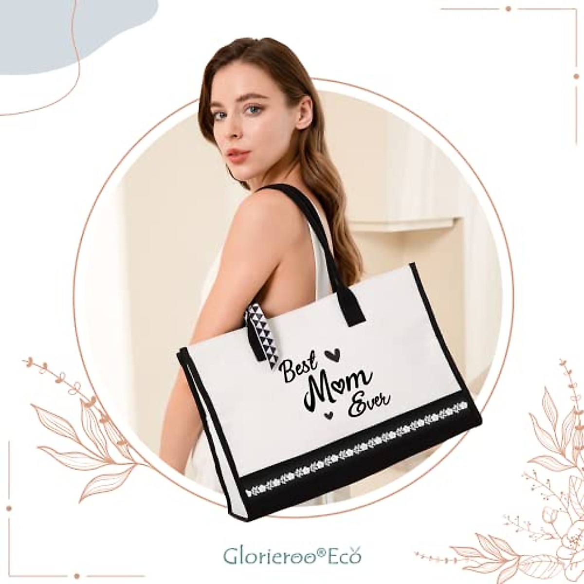GLORIEROO Gorgeous Christmas Gifts, Lovely Lace Canvas Tote Bag Mom Gifts, Embroidery Gifts for Mom, Gifts for Wife, Great for Birthday, Valentines Day, Anniversary, Mothers Day Gifts_Best Mom Ever