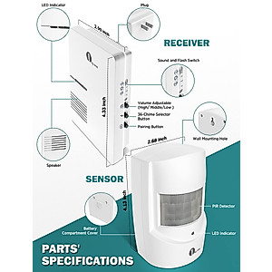 1byone Driveway Alarm, Home Security Alert System with 36 Melodies, 1 Plug-in Receiver and 1 Weatherproof PIR Motion Detector, 1000ft Wireless Transmission Range and 24ft PIR Detection Range