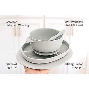 Ullabelle Suction Toddler Plates & Bowls Complete Set w/Spoon- BPA Free 100% Food Grade Silicone- Microwave & Dishwasher Safe Baby Suction Plate, Suction Bowl w/Lid, & Spoon- (Sage)