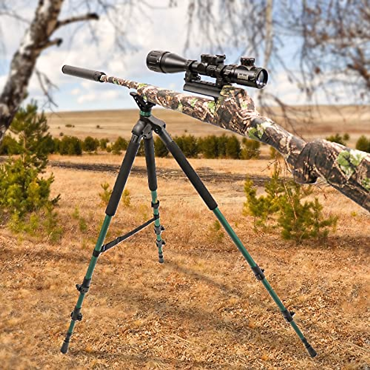 HUNTPAL Aluminum Hunting Shooting Stick Rifle Tripod Gun Rest with Removable 360° Horizontal Rotation 90° Swing Leg, Adjustable Telescope Monopod Bipod with V Yoke Head & Interchangeable Spike Feet