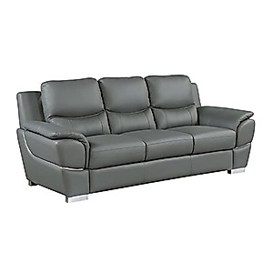 Blackjack Furniture Binion 1 Piece Modern Genuine Leather Sofa for Living Room with Padded Headrest, Wide Arms & Chrome Accents, Elegant Upholstered Couch, Sofa, Gray