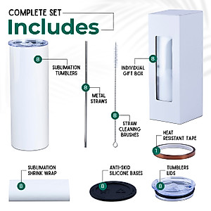 Goods For You Sublimation Tumblers 20 oz - Sublimation blanks, Stainless Steel Double Wall Insulated Straight & Skinny Tumbler Individually Gift Boxed with Lids, Straws & All Accessories, 8 PACK