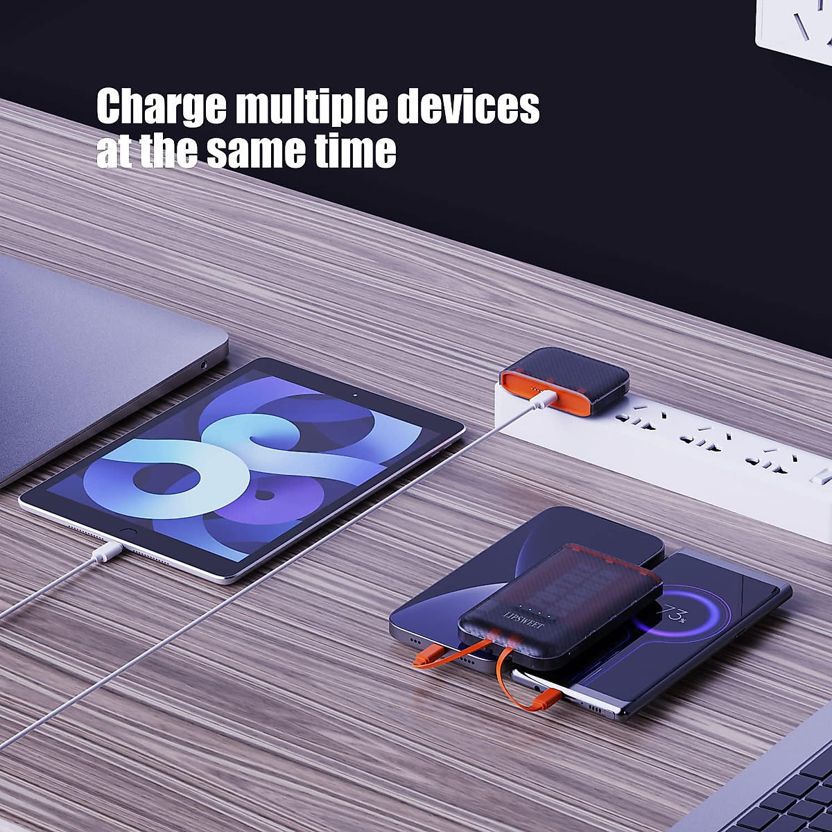 LIPSWEET Separate Portable Charger,20w USB C Fast Charging Power Bank, 5 Output 2 Input External Battery Pack for Travel with Built-in Cable AC Wall Plug Compatible with iPhone Android Phone Tablet