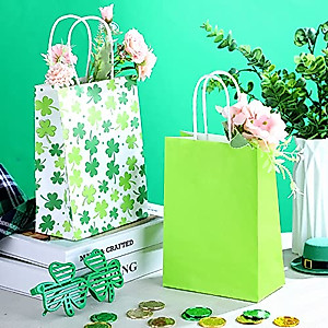 24 Pcs St. Patrick's Day Paper Gift Bags with Handles 5.9 x 8.3 x 3.1 Inch Green Treat Bags and Irish Lucky Shamrock Goodie Bags for St Patrick's Day Party Favor Wedding Birthday