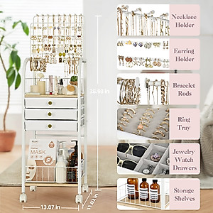 Keebofly Jewelry Organizer, Large Jewelry Stand with 3 Jewelry Box Drawer, Jewelry Holder Necklace Organizer Earring Storage Jewelry Armoire with Display for Earring Necklace Ring Bracelet