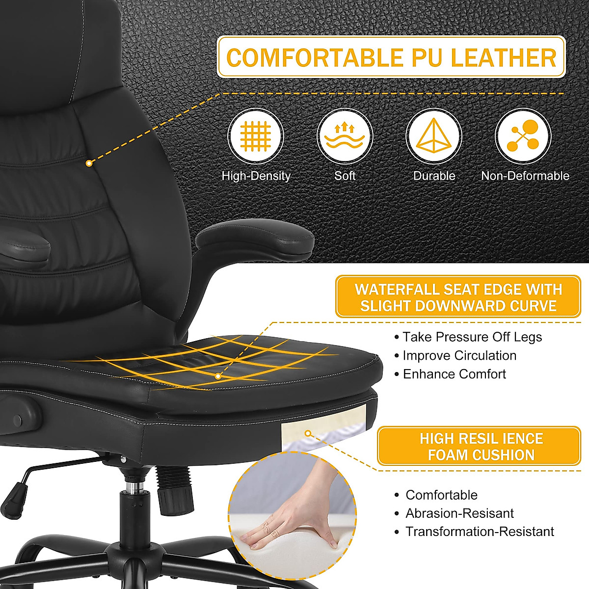 Ergonomic PU Leather Home Office Chair High Back Flip up Armrest Desk Computer Chair Adjustable Height Rolling Swivel Task Chair Modern Executive 250LBS Work Chair w/Lumbar Support for Adults(Black)