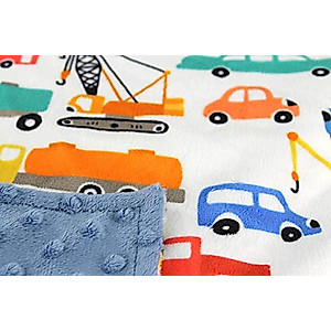 Top Tots Baby Blanket - City Cars and Trucks with Navy Blue Minky Dot