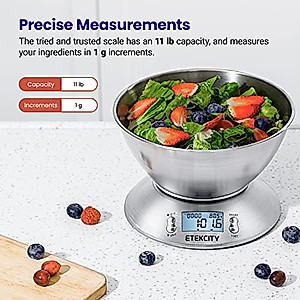 Etekcity Food Kitchen Scale with Bowl, Digital Weight Scale for Food Ounces and Grams, Cooking and Baking, Timer, and Temperature Sensor, 2.06 QT, Stainless Steel