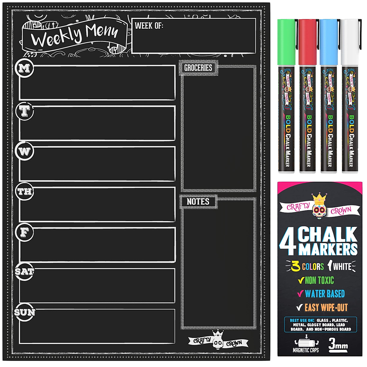 Magnetic Dry Erase Menu Board for Fridge Includes 4 Liquid Chalk Markers - Weekly Meal Planner Blackboard, Grocery List and Notepad for Kitchen Refrigerator - Chalkboard Magnet