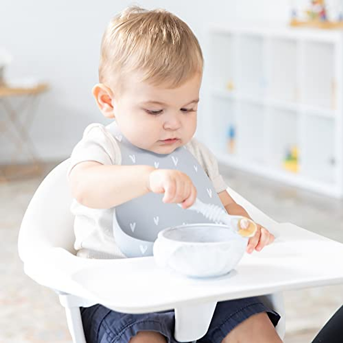 Bumkins Suction Silicone Baby Feeding Set, Bowl, Lid, Spoon, BPA-Free, First Feeding, Baby Led Weaning - Marbled