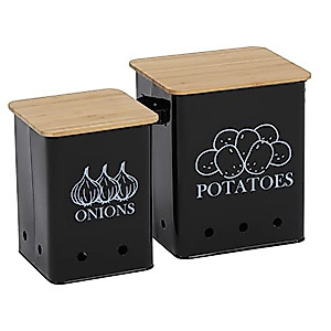 Xbopetda Potato Onion Storage Bin, Kitchen Storage Canister Set of 2, Kitchen Pantry Organizer Tin - Vegetable Fresh Keeper with Aerating Tin Storage Holes & Wooden Lid (Black)