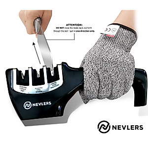 Nevlers 3 in 1 Kitchen Knife Sharpener with Cut Resistant Gloves | Knife Sharpeners for Kitchen Knives Preps, Repairs, Sharpens | Blade Sharpener with Diamond, Ceramic & Tungsten Steel Slots (Black)