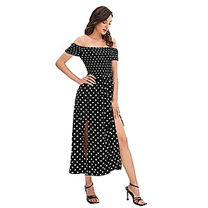 Floerns Women's Boho Floral Print Off Shoulder Split Long A Line Dress Black White Dots S