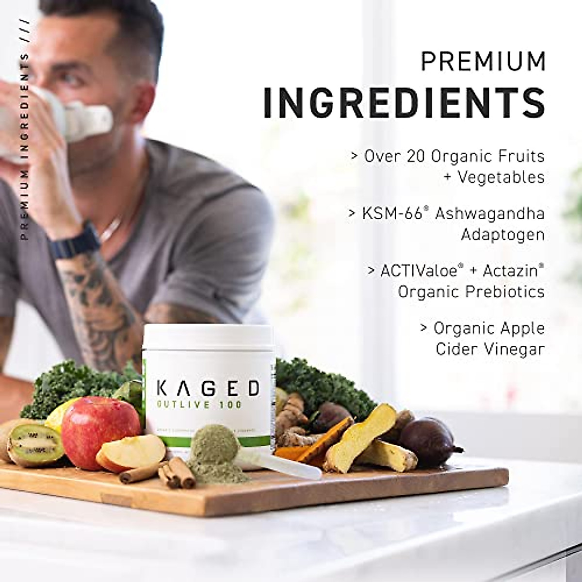 Kaged Muscle Outlive 100 Organic Superfoods and Greens Powder with Apple Cider Vinegar, Antioxidants, Adaptogen, Prebiotics,(Berry, 30 Servings)