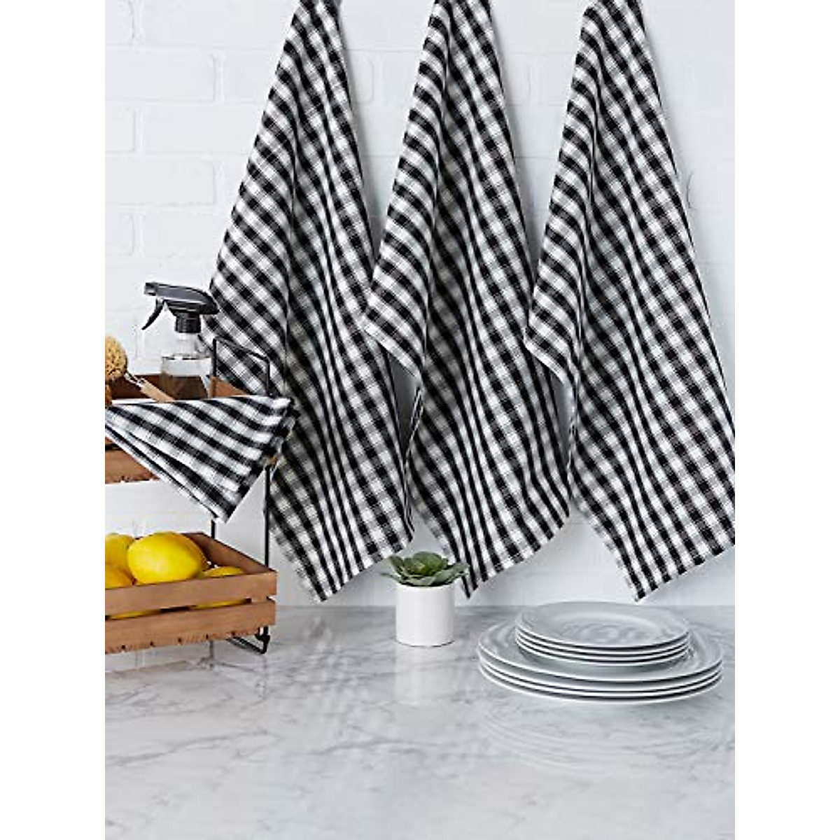 DII French Check Kitchen Collection Decorative Oversized Cotton Dishtowels, 18x28, Black/White, 4 Piece