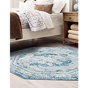 Rugs.com Monte Carlo Collection Rug – 4' Octagon Blue Medium Rug Perfect for Living Rooms, Kitchens, Entryways