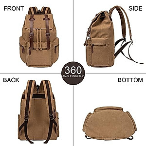 VAZUOOL Canvas Laptop Backpack, Vintage Rucksack Backpack for Men Women, Travel Backpack College Bookbag Casual Daypack Fits 15.6 Inch Laptop, Brown