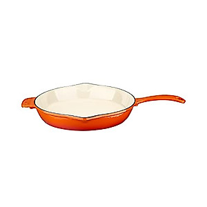 Lava Light-Colored Sand Enameled Cast Iron Skillet with Side Drip Spouts - 12 inch Round Frying Pan with Glossy Sand-Colored Three Layers of Enamel Coated Interior (Orange)