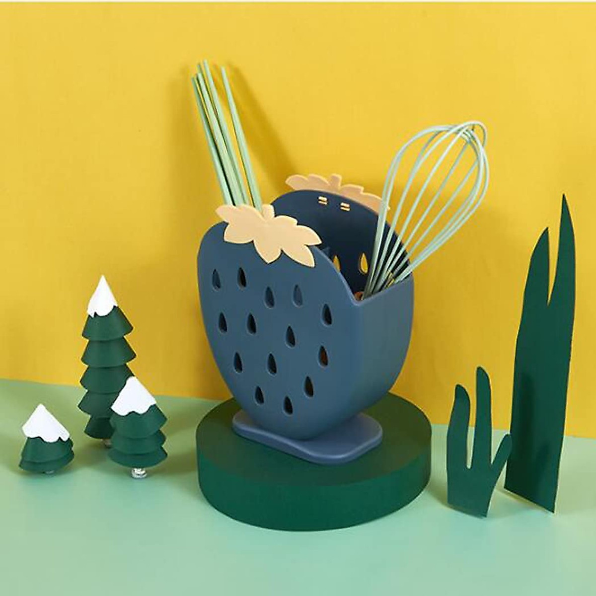 Hoshen Household Tableware /kitchenware Storage Cage, Kitchen Standing Chopstick Cage, Double-Compartment Drain Chopstick Cage，Strawberry Shape，Dark Blue