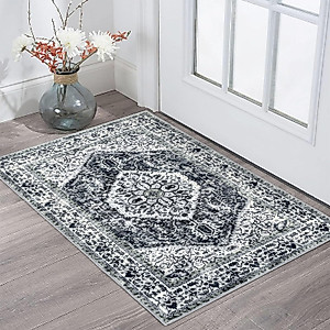 KOZYFLY Small Area Rug 2x3 Ft Rugs for Entryway Washable Boho Entry Rug Non Slip Door Mat Indoor Entrance Grey Faux Wool Vintage Printed Kitchen Rug Throw Rugs for Entrance Kitchen Bathroom