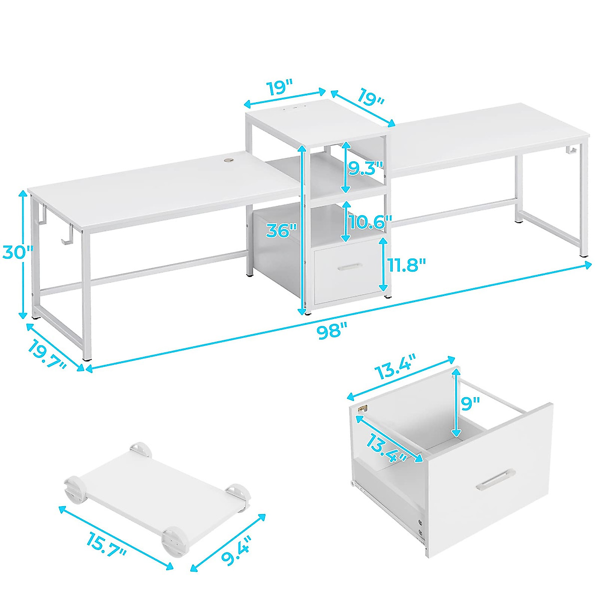 SEDETA 98" Home Office Desk, White Computer Desk with Letter/A4 File Drawer & Power Strip with USB, 2 Person Long Desk with Storage, Printer Shelf & Monitor Stand for Home Office, White