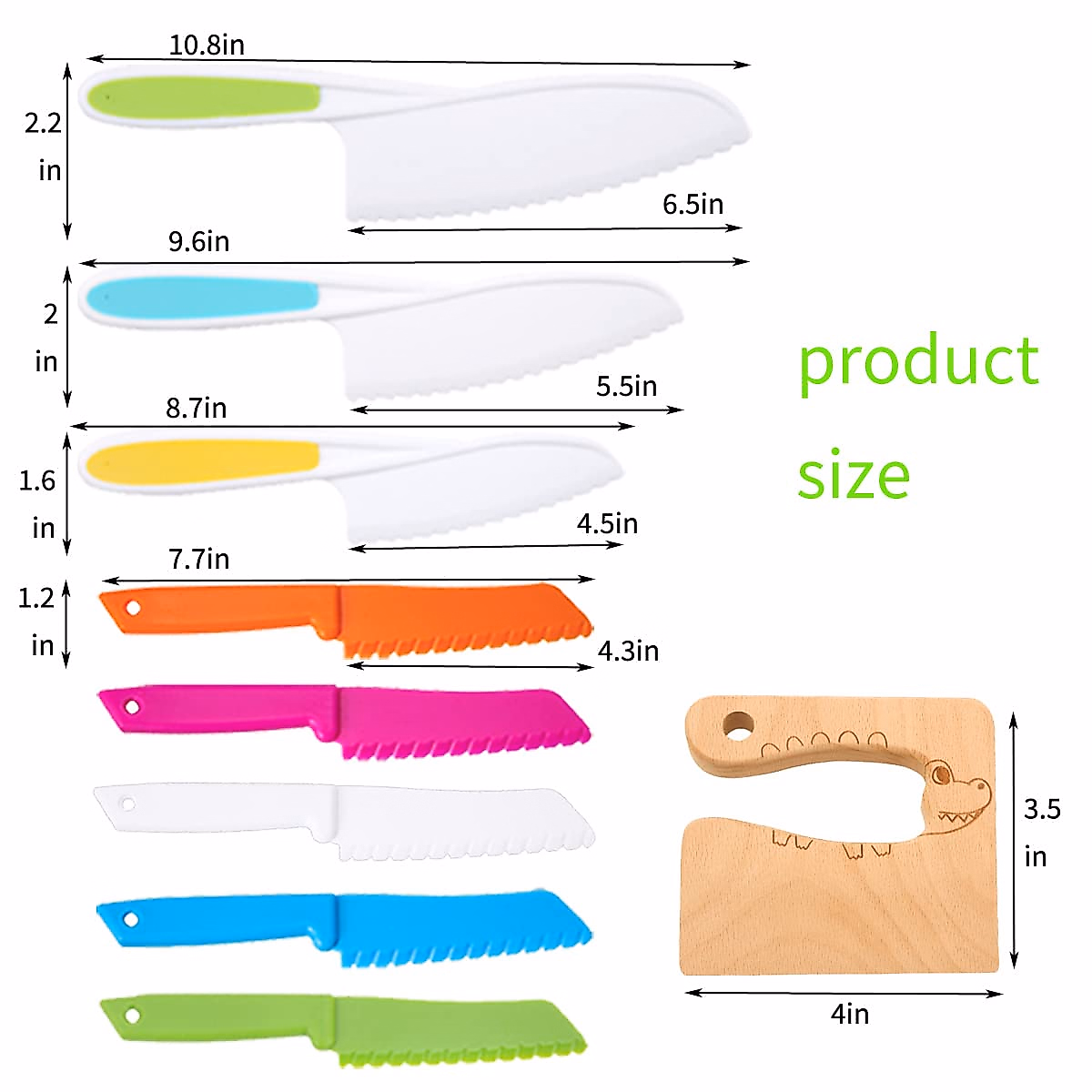 Godkider 9 Pcs Kids Knife Set, Kid Safe Knives for Real Cooking, Montessori Kitchen Tools for Toddlers include Wooden Toddler Kitchen Knife & Plastic Serrated Edges Children Knives, Crocodile