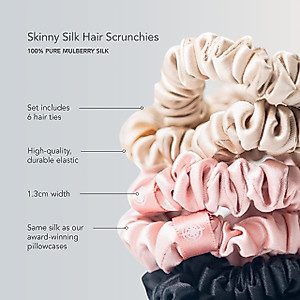 Fishers Finery 25 Momme Pure Mulberry Silk Skinny Scrunchies | Hair Tie Set for Thin Hair (Black|Pink|Champagne- 6 Pk)