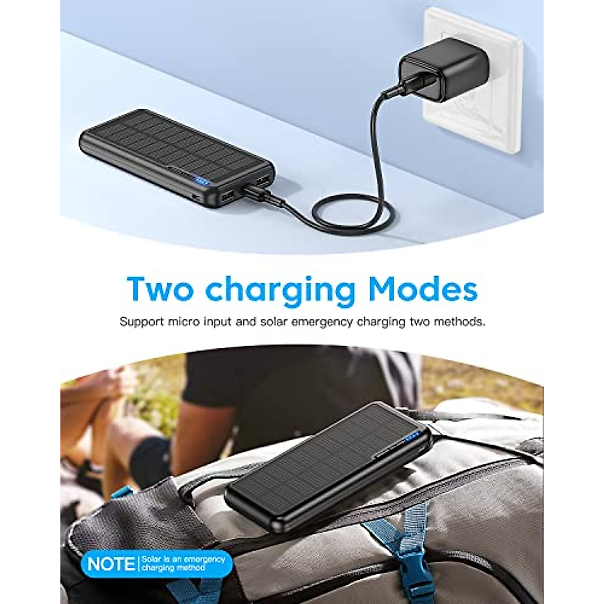 Anyzoo Solar Portable Charger 20000mAh, Power Bank with External Solar Battery Panels, Battery Pack with Dual inputs & Outputs Compatible with Cellphones