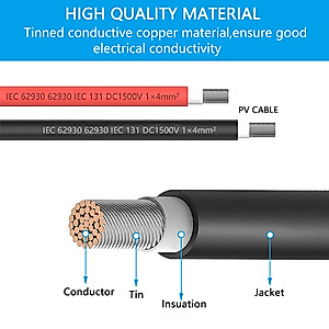 PNGKNYOCN 12AWG Solar Panel Extension Cord,3FT 4mm² Solar Panel Adaptor Cable (Black Cord + Red Cord) with Male and Female IP67 Weatherproof Connector