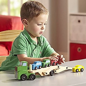 Melissa &amp; Doug Car Carrier Truck and Cars Wooden Toy Set With 1 Truck and 4 Cars - Wooden Cars, Vehicle Toys, Push And Go Wooden Trucks For Toddlers And Kids Ages 3+