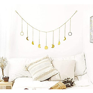 Mkono Moon Phase Wall Hanging Boho Aesthetic Room Decor Metal Moons Garland Hanging Art Bohemian Home Decoration for Girls Room Nursery Bedroom Livingroom Dorm, Ideal Gift, Gold, 50"