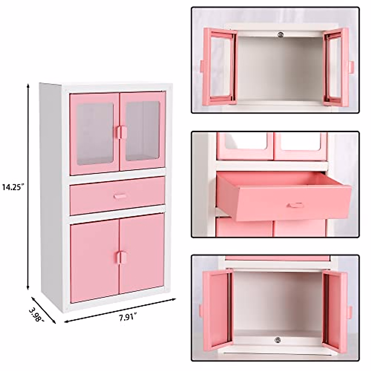 MIOCASA Mini Metal Locker Collectible Furniture Glass Door Display Cabinet for Classroom, School, Home, 14.25" Tall x 7.91" x 3.98" (Pink)