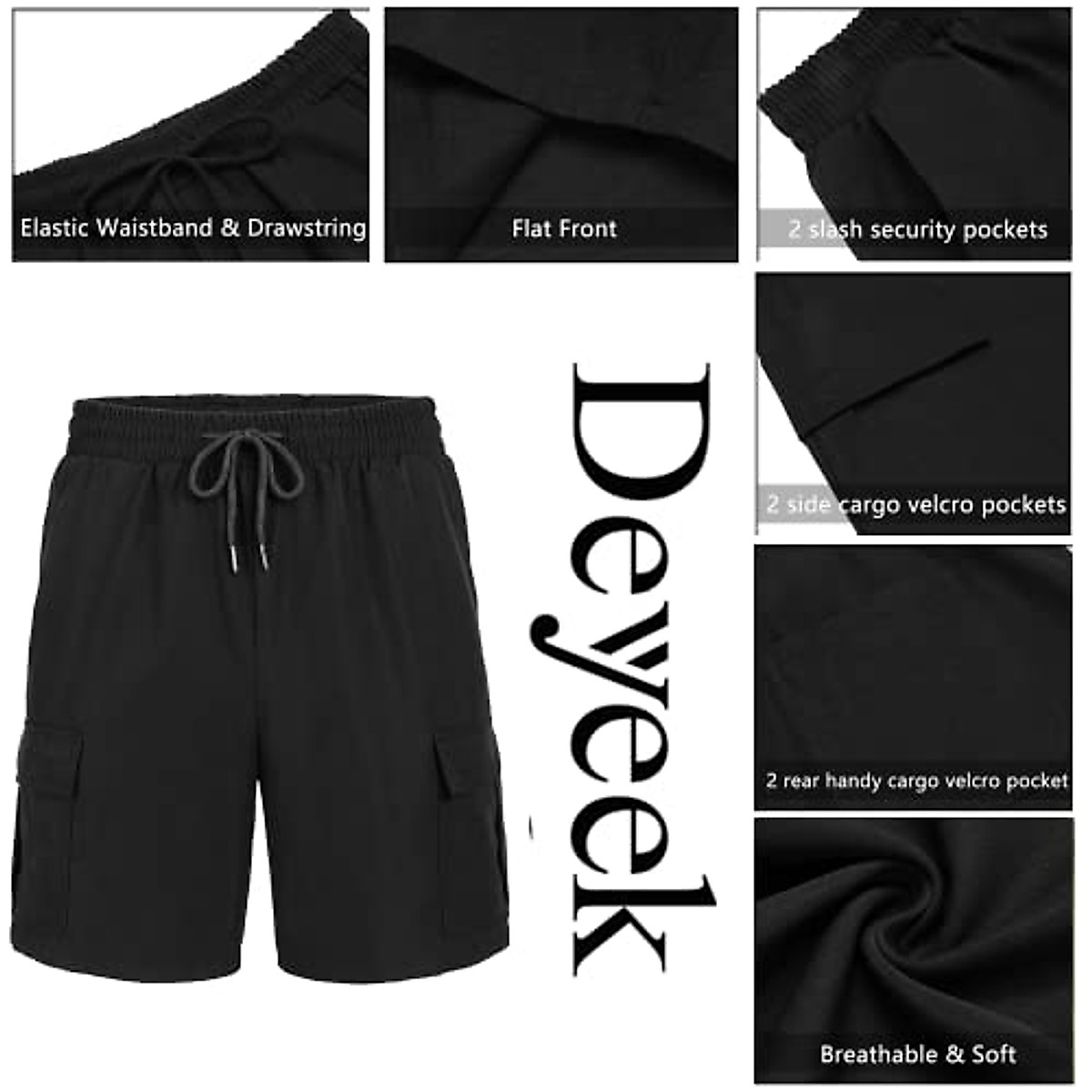 Wataxii Men's Elastic Waist Cargo Shorts Quick Dry Work Shorts Lightweight Hiking Shorts with Multi-Pocket