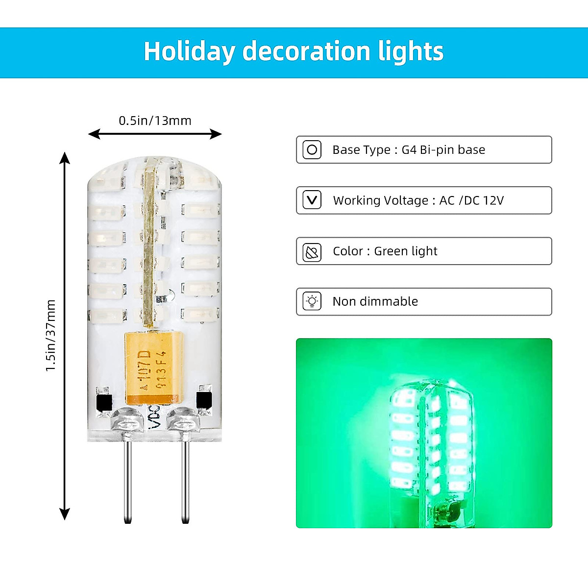 TZHILAN Green G4 LED Light Bulb 12V AC/DC 2W 48×3014 SMD 20W Halogen Bulb Equivalent, Capsule Spotlight Lamps for Landscape Holiday Decoration, Atmosphere Creation, 4-Pack