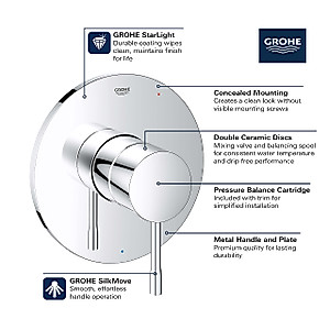 GROHE 14472000 Essence Shower Valve Trim Kit with Pressure Balance Cartridge, Starlight Chrome