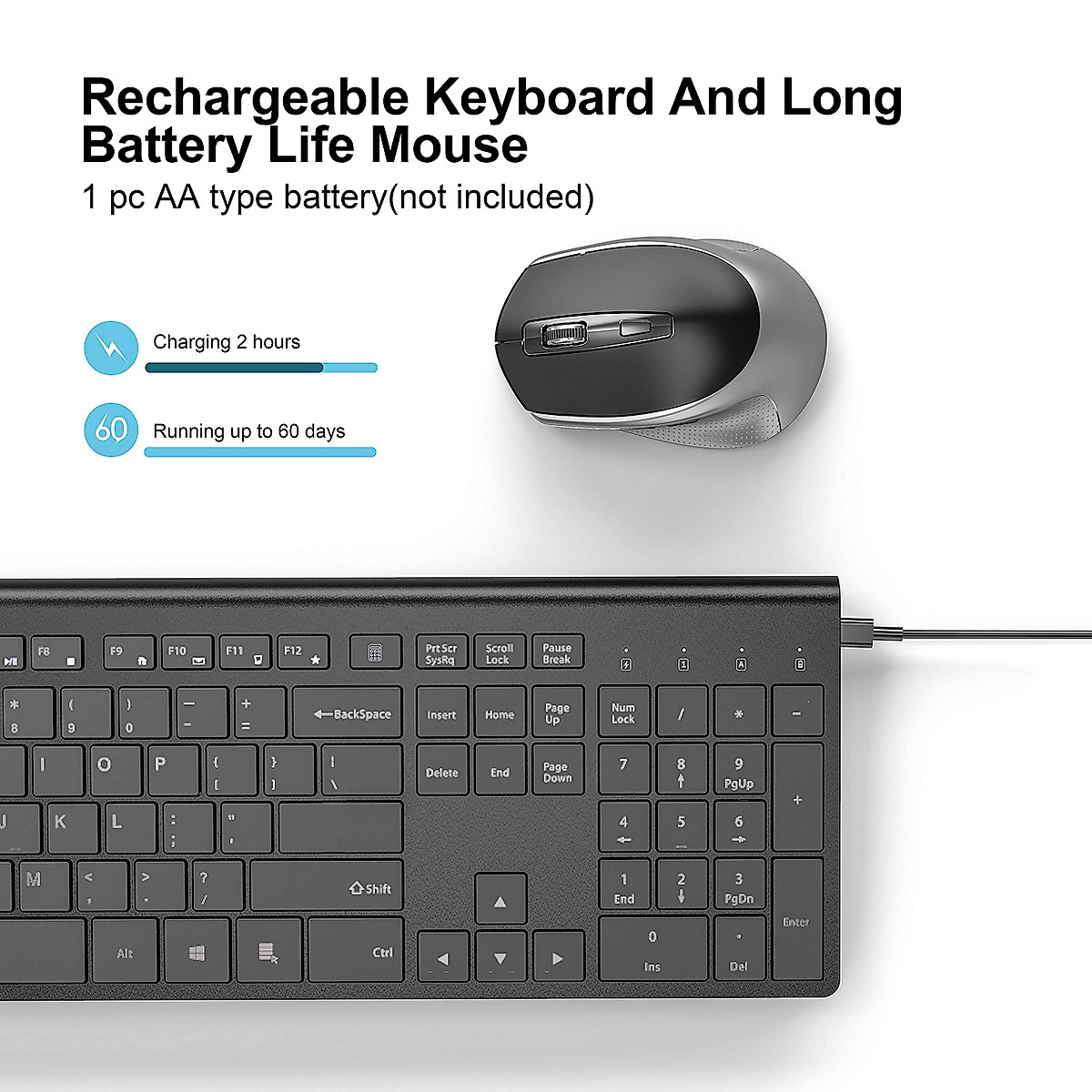 Wireless Keyboard and Mouse, J JOYACCESS 2.4G USB Ultra Slim Full Size Ergonomic Rechargeable Keyboard and Slient Cordless Mouse with Back/Forward Buttons for Mac/Windows/Laptop/Desktop - Black