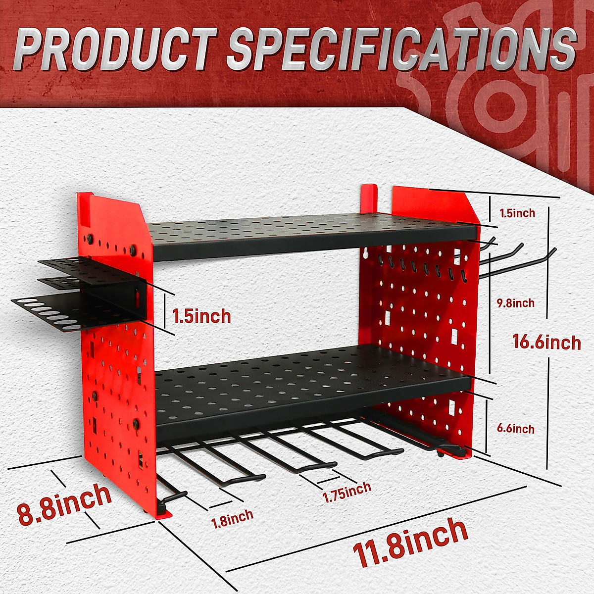 Quibbay Power Tool Organizer Wall Mount, Utility Racks with 4 Drill Holder for Garage Organization, Drill Holder Wall Mount with 2 Side Pegboards with Hooks, Tool Shelf with Screwdriver/Plier/Hammer