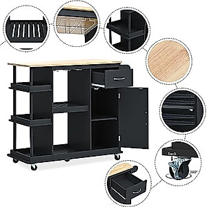 JVIBI Multipurpose Kitchen Cart Cabinet with Side Storage Shelves,Rubber Wood Top, Adjustable Storage Shelves, 5 Wheels, Kitchen Storage Island with Wine Rack for Dining Room, Home,Bar,Black
