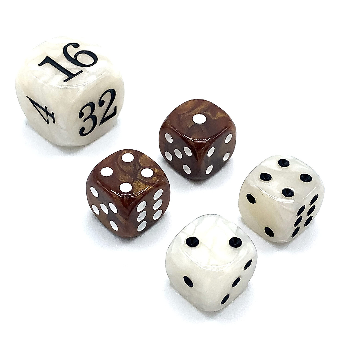 Luck Lab Backgammon Pearl Dice Set - 22 mm Doubling Cube Plus Four 16 mm Dice with Storage Bag, Brown/White Marbelized