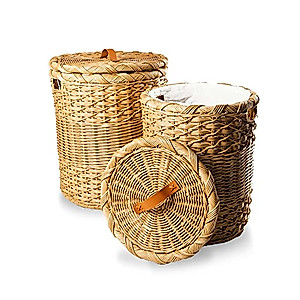 The Basket Lady Round Wicker Laundry Hamper, Large, 19 in Dia x 25 in H, Sandstone