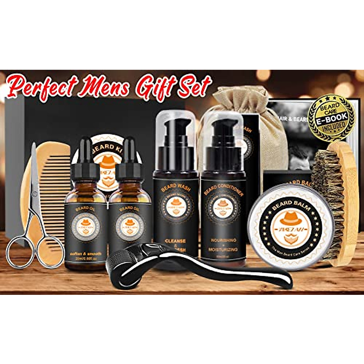 Upgraded Beard Grooming Kit w/Beard Conditioner,Beard Oil,Beard Balm,Beard Brush,Beard Shampoo/Wash,Beard Comb,Beard Scissors,Storage Bag,Beard E-Book,Beard Growth Care Gifts for Men