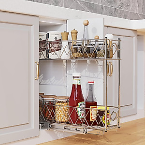 Glolaurge Pull Out Cabinet Organizer 5" W x 21" D, 2-Tier Narrow Kitchen Cabinet Drawer Slide Out Shelves, Chrome