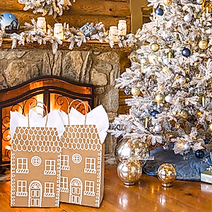 JarThenaAMCS 12Pcs House Shaped Gift Bags Winter Snow House Kraft Paper Bags with Tissue Paper Rustic Christmas Candy Treat Bags for Xmas Holiday Housewarming Estate Agent Gifts