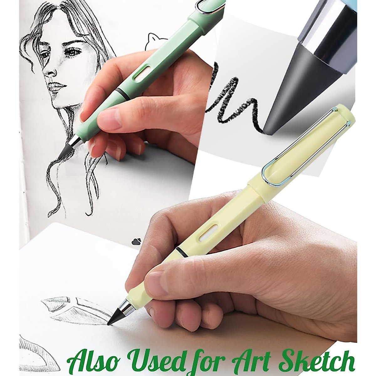 FLTON 12 Pcs Portable Erasable Inkless Pencil Set(4 Pcs Everlasting Pencils with Eraser+8 Pcs Replaceable Nibs) for Writing and Art Sketch