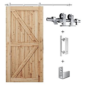 SMARTSTANDARD 6 Feet Top Mount Sliding Hardware Kit with 12'' Pull and Flush Handle Set and Adjustable U Shape Barn Door Floor Guide