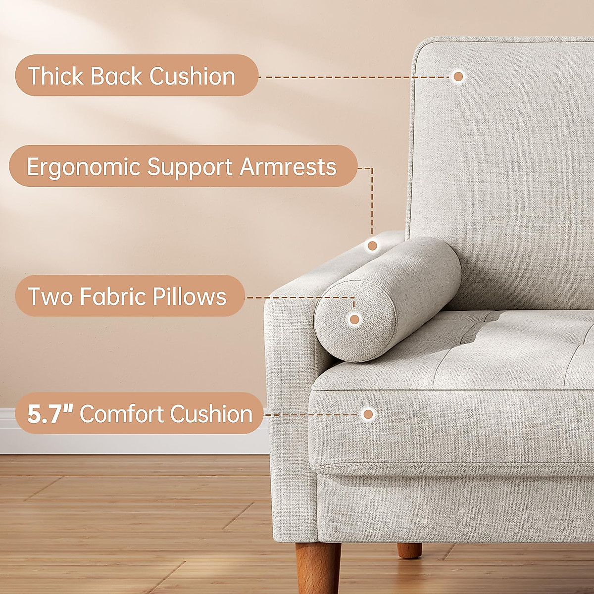 Vesgantti Loveseat Sofa, 48" Small Sofa Couch Mid Century Modern Couch for Small Spaces, Bedroom and Living Room, Removable Sofa Cover Spring Cushions and Solid Wood Frame, Easy to Install, Ashbeige