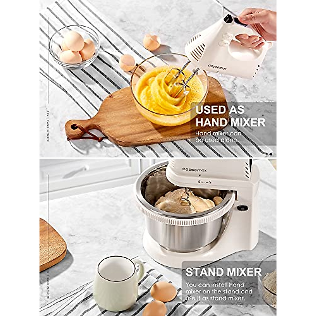 2 in 1 Hand Mixers Kitchen Electric Stand mixer with bowl 3 Quart, electric mixer handheld for Everyday Use, Dough Hooks & Mixer Beaters for Frosting, Meringues & More (White-S)