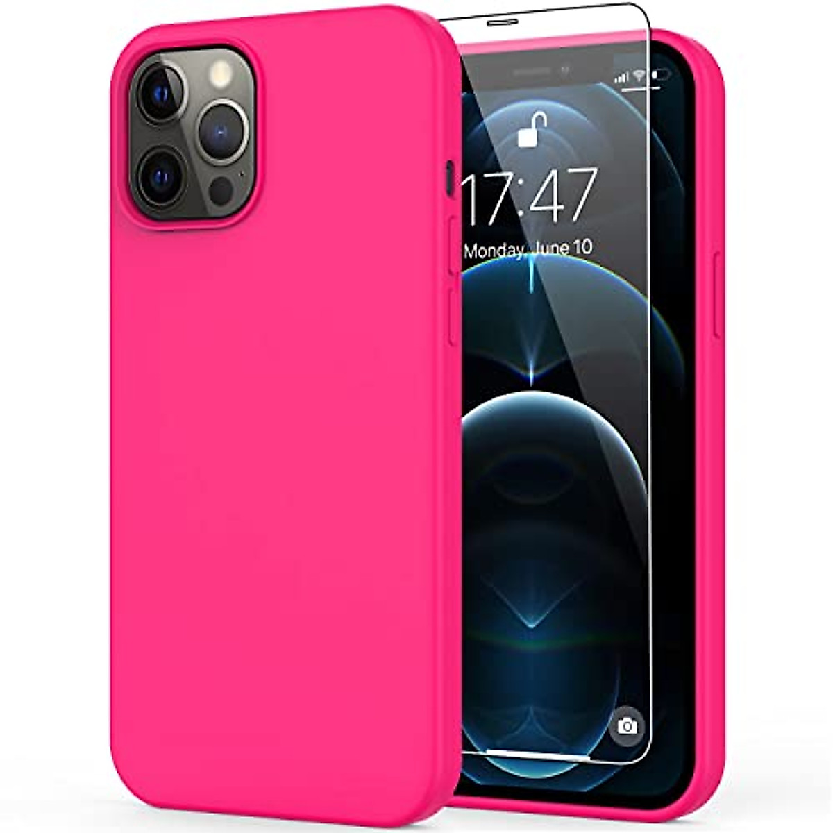 DEENAKIN iPhone 12 Pro Max Case with Screen Protector,Soft Flexible Silicone Gel Rubber Bumper Cover,Slim Fit Shockproof Protective Phone Case for iPhone 12 Pro Max 6.7" Hot Pink