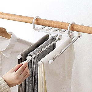 RZJZGZ 5-in-1 Multifunctional Magic Pants Hangers, Stainless Steel Multi-Layer Pants Clip, Five-Layer Storage Folding Retractable Plastic Hanger